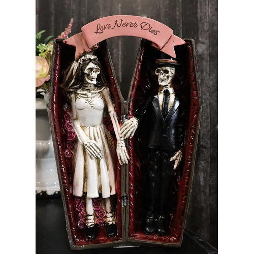 The Holiday Aisle® Love Never Dies Skeleton Wedding Bridal Couple Holding Hands Inside Casket ...
